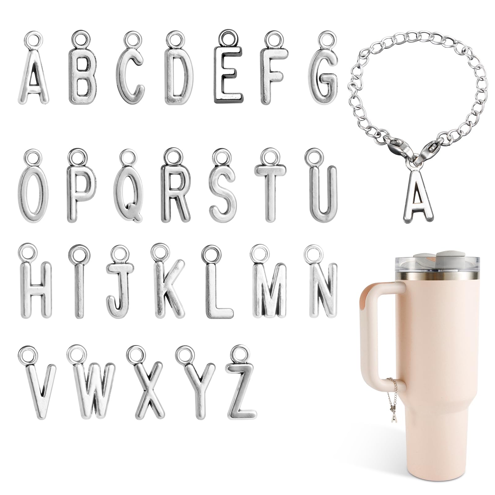 26pcs Letter Accessories for Stanley Cup, Stylish Tumblers Letter Accessories Name & ID Letter Handle for Stanley (Silver)