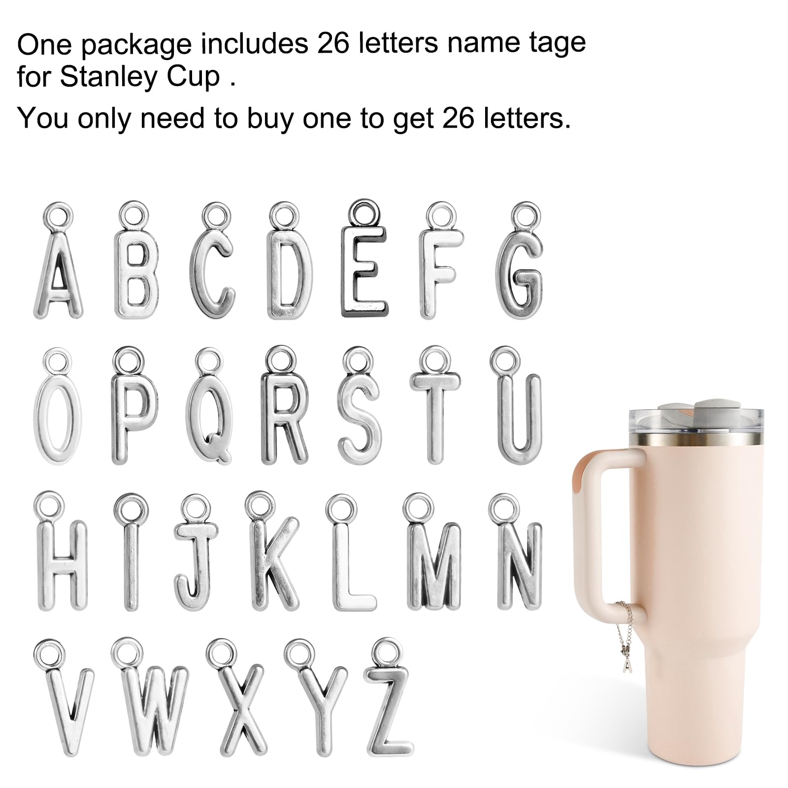 26pcs Letter Accessories for Stanley Cup, Stylish Tumblers Letter Accessories Name & ID Letter Handle for Stanley (Silver)