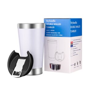 Stylusella Tumbler 16oz/480ml Stainless Steel Beer Mug, Double Wall Vacuum Insulated Tumbler, Cup Lid with Bottle Opener, Keeps Drinks Cold or Hot, For Beer, Coffee, Iced Tea and Other Drinks (Pearl)