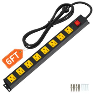 8 outlet long power strip, 2100j surge protector heavy duty 6ft cord wide spaced and wall mount metal powerstrip for home office garage workshop