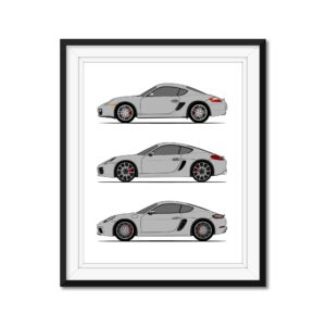 porsche cayman generations (side/profile) inspired car poster - handmade print of cayman (718/981/ 987) - silver, 11x14" metallic print (unframed)-perfect gift car enthusiast