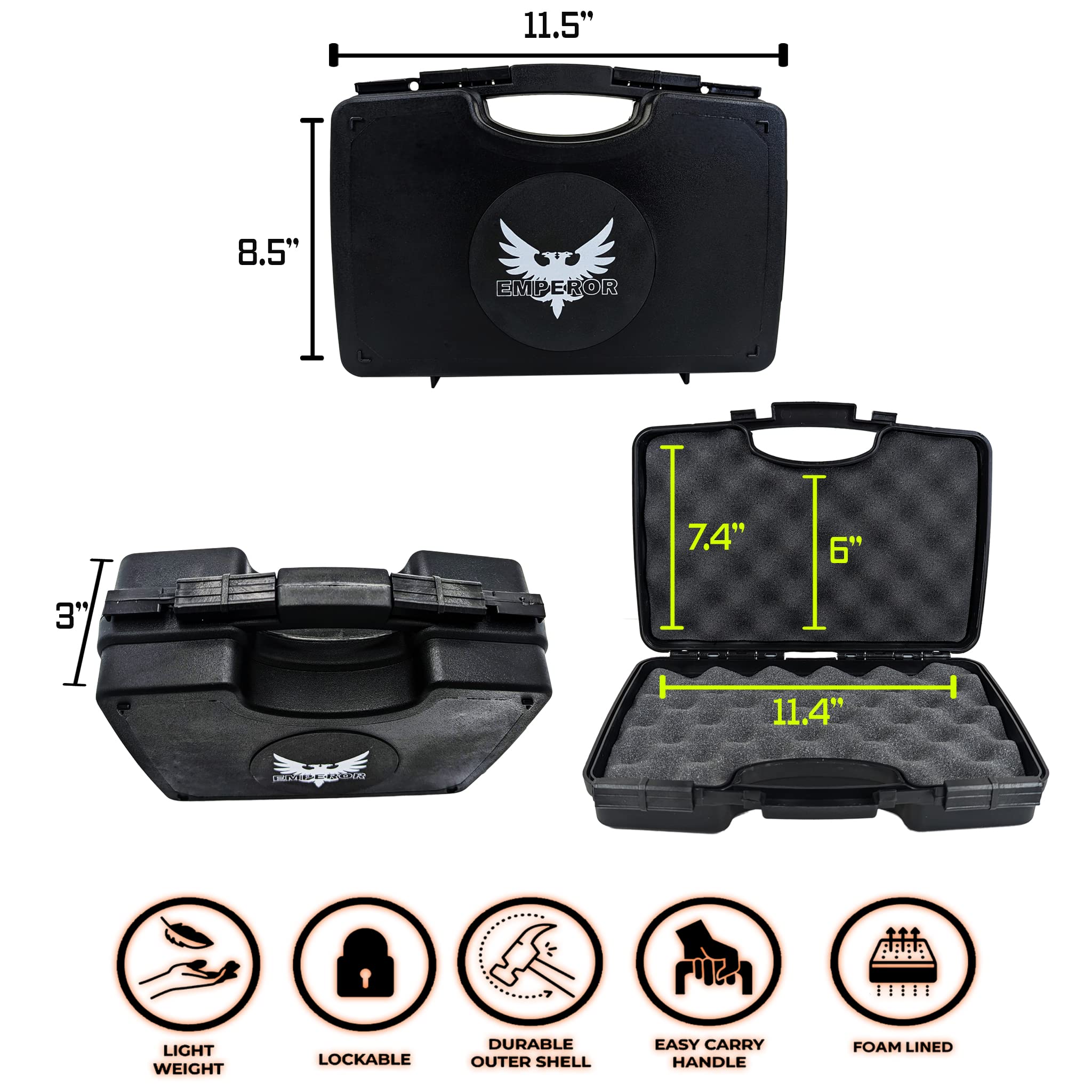 My Holster Emperor Arms Pistol Gun Case for Firearms, Handgun Hard Carrying Cases Lockable Storage for Home or Travel, Heavy-Duty with Egg Crate Foam