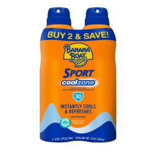 banana boat sport cool zone spf 30 sunscreen spray twin pack | sport sunscreen spray spf 30, clear sunscreen spray, banana boat sunscreen spray spf 30, oxybenzone free sunscreen pack, 6oz each