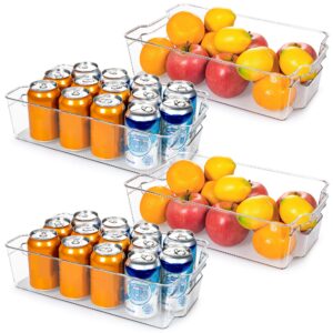 hoojo refrigerator organizer bins - 4pcs clear plastic bins for fridge, freezer, kitchen cabinet, pantry organization, bpa free fridge organizer, 14.5" long-x large, clear