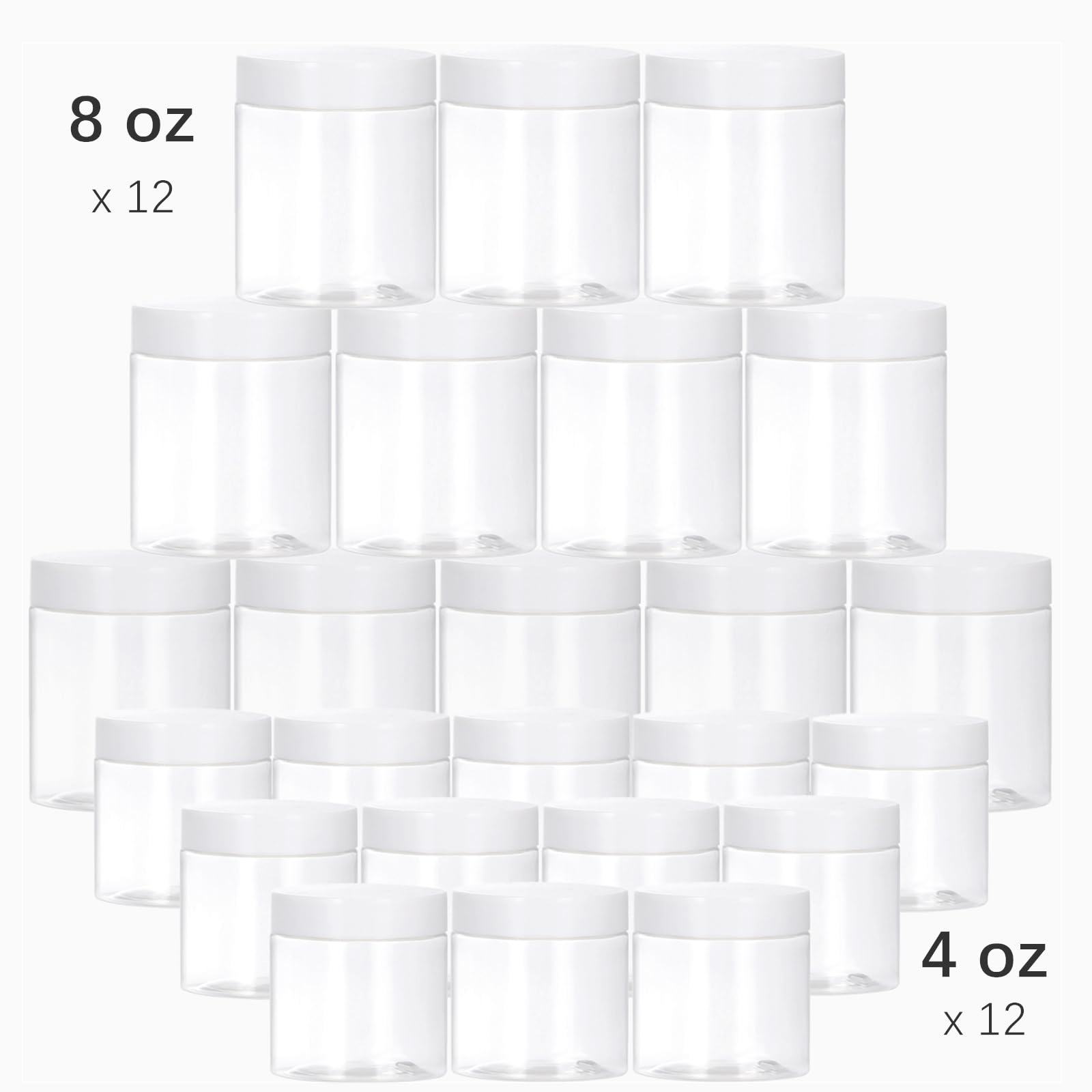 TUZAZO 24 Pack Empty Plastic Slime Containers with Lids and Labels - 12pcs 8 OZ and 12pcs 4 OZ Small Plastic Jars for Lotion, Cream, Ointments, Makeup, Glitters, Samples, Travel Storage