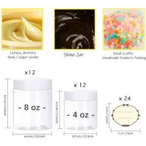 TUZAZO 24 Pack Empty Plastic Slime Containers with Lids and Labels - 12pcs 8 OZ and 12pcs 4 OZ Small Plastic Jars for Lotion, Cream, Ointments, Makeup, Glitters, Samples, Travel Storage