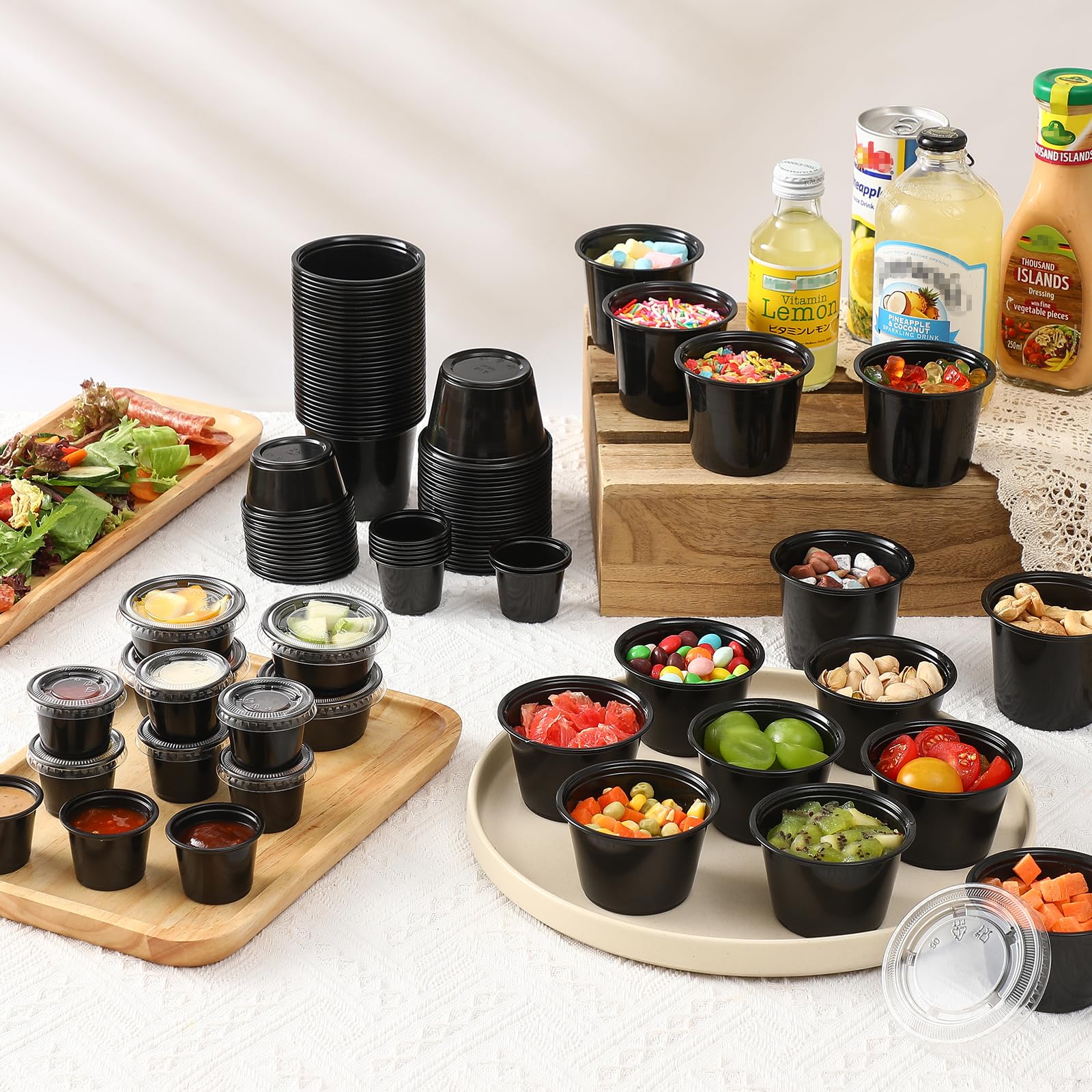 AOZITA 120-4 oz Black Portion Cups, Small Plastic Containers with Lids, Airtight Souffle Cups, Salad Dressing Container, Sauce Cups, Condiment Cups for Lunch, Party to Go, Trips