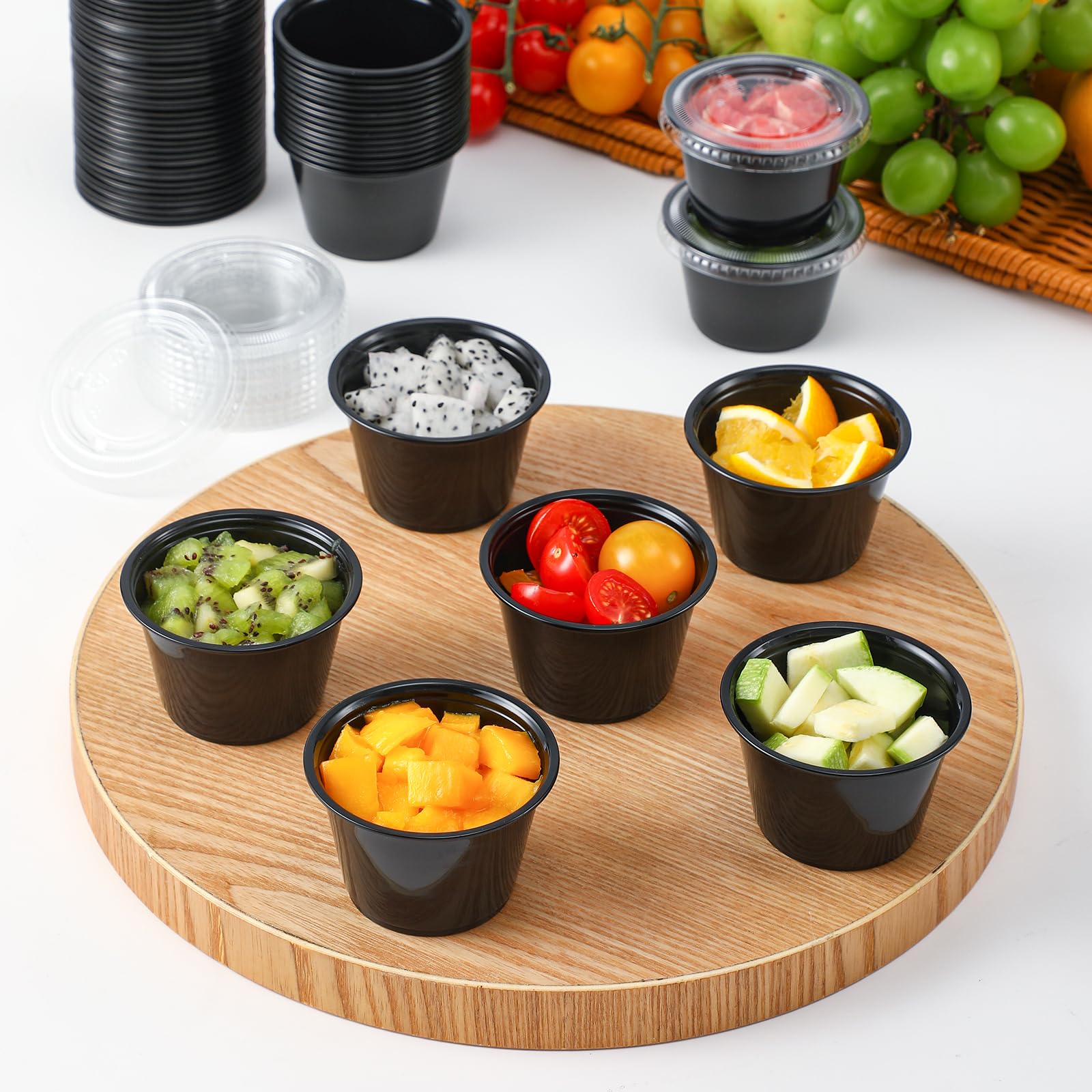 AOZITA 120-4 oz Black Portion Cups, Small Plastic Containers with Lids, Airtight Souffle Cups, Salad Dressing Container, Sauce Cups, Condiment Cups for Lunch, Party to Go, Trips