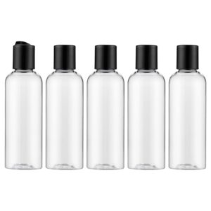 owlyee 3.4 oz travel bottles for toiletries, empty travel size containers tsa approved, 5pcs small plastic shampoo bottles with labels (100ml, clear)