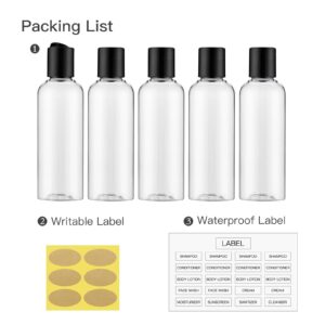 owlyee 3.4 oz Travel Bottles for Toiletries, Empty Travel Size Containers Tsa Approved, 5PCS Small Plastic Shampoo Bottles with Labels (100ml, Clear)