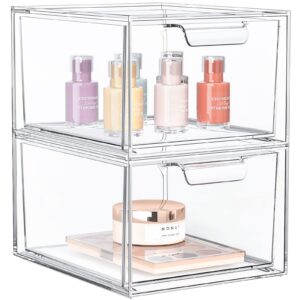 spacehacks 2 pack stackable makeup organizer and storage, acrylic organizers，clear plastic storage drawer with handles for vanity, undersink, kitchen cabinets, pantry