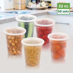 [50 Sets - 32 oz.] Plastic Deli Disposable Food Storage Containers With Airtight Lids, Deli, Slime, Soup, Meal Prep Containers | BPA Free | Stackable | Leakproof | Microwave/Dishwasher/Freezer Safe…