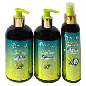 mielle - avocado & tamanu – anti-frizz collection - shampoo, conditioner, stay straight serum – bundle combo set 3pcs