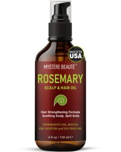 mystÉre beautÉ rosemary hair oil for hair growth - ideal for dry damaged hair & scalp with mint, biotin & essential oils - formulated for scalp soothing & hair strengthening - 4 fl oz