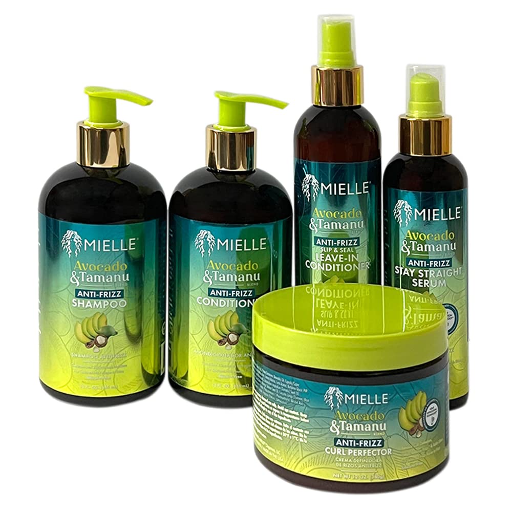 Mielle – Avocado & Tamanu – Anti-Frizz Collection - Shampoo, Conditioner, Leave-in Conditioner, Stay Straight Serum & Curl Perfector – Bundle Combo Set 5PCS