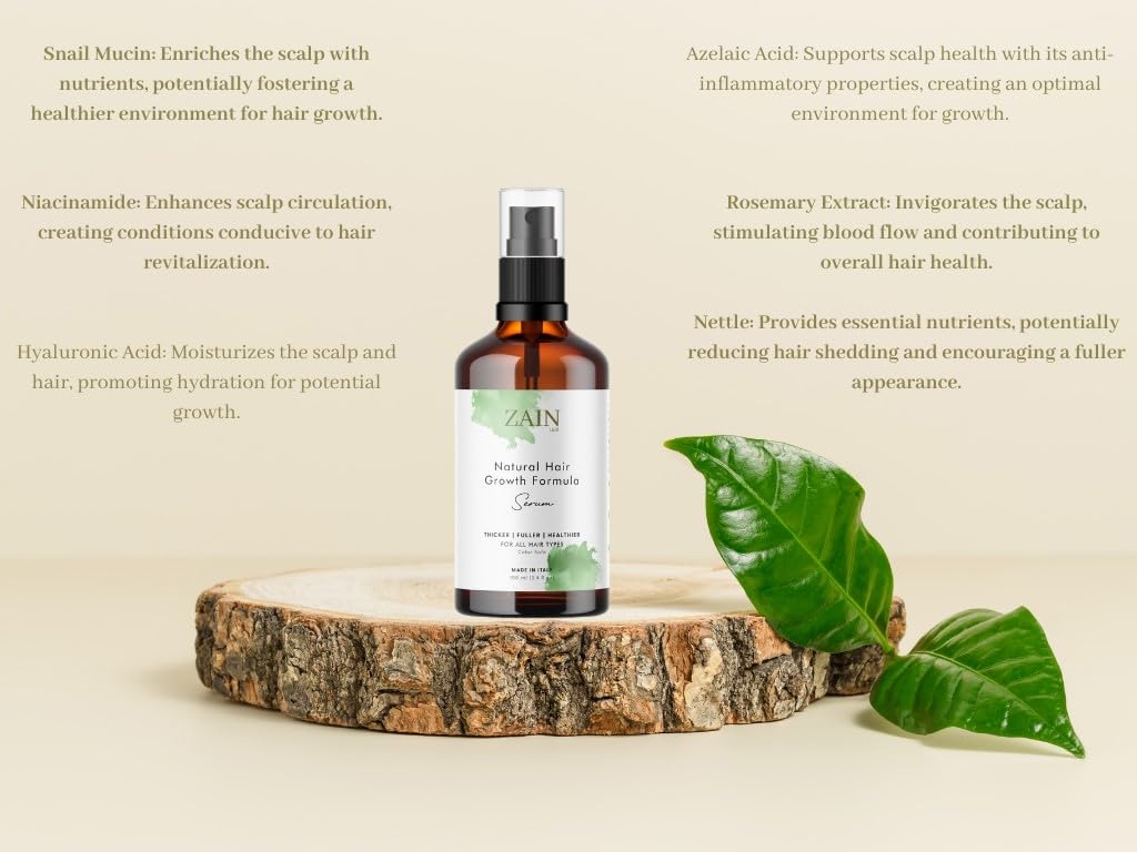 ZAIN1 Natural Hair growth serum with Snail Mucin, Rosmary, Niacinamide, Hyaluronic acid, Azelaic acid, Nettle, and Much More Natural Ingredients (Mimosa, 3.4 oz). Our products are made by nature