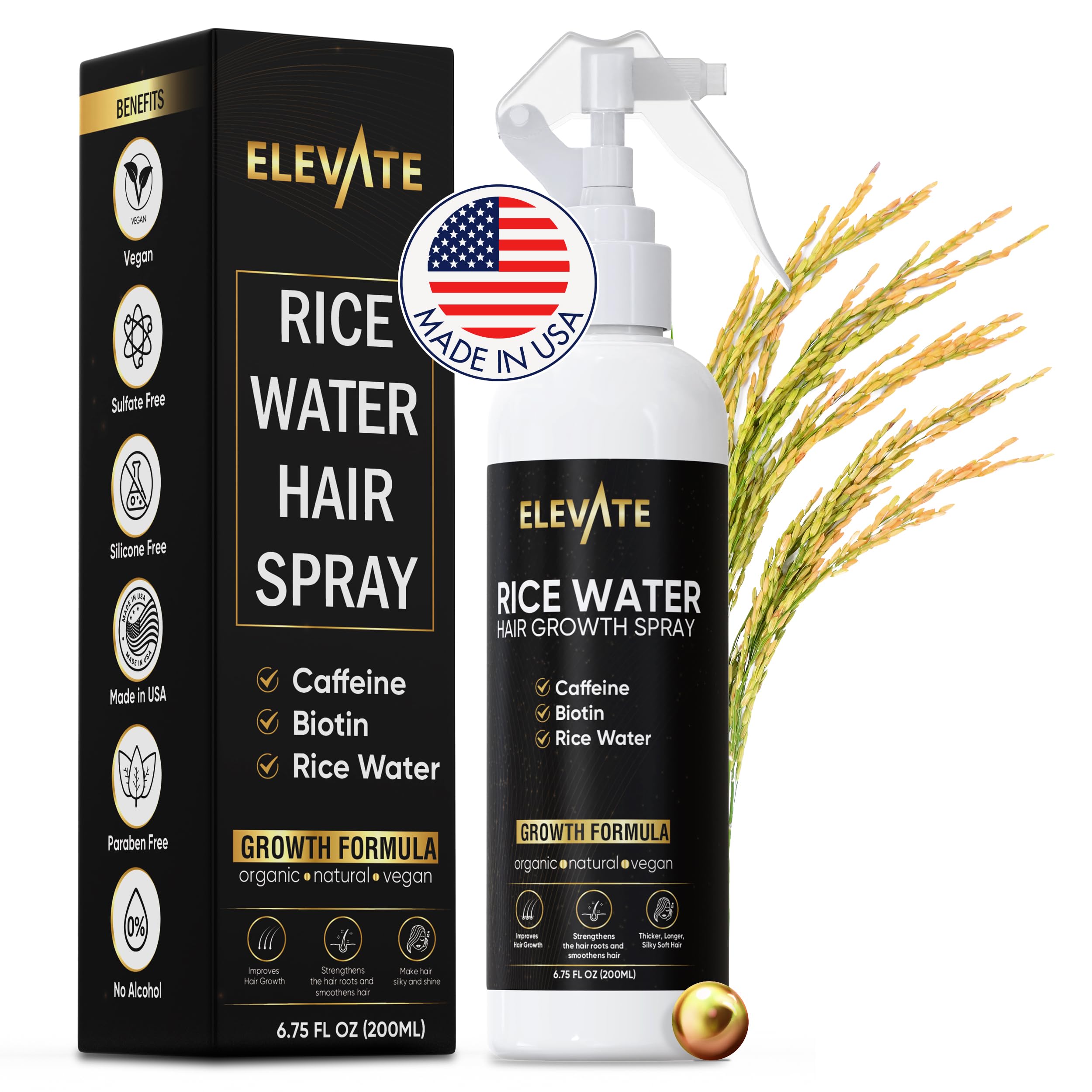 Elevate Rice Water Spray for Hair Growth Infused Biotin Caffeine & Aloe Vera - Fermented Rice Water Leave In Hair Mist For Thinning Damaged Hair - Vegan Non-Greasy Naturally Thicker Longer Softer Hair