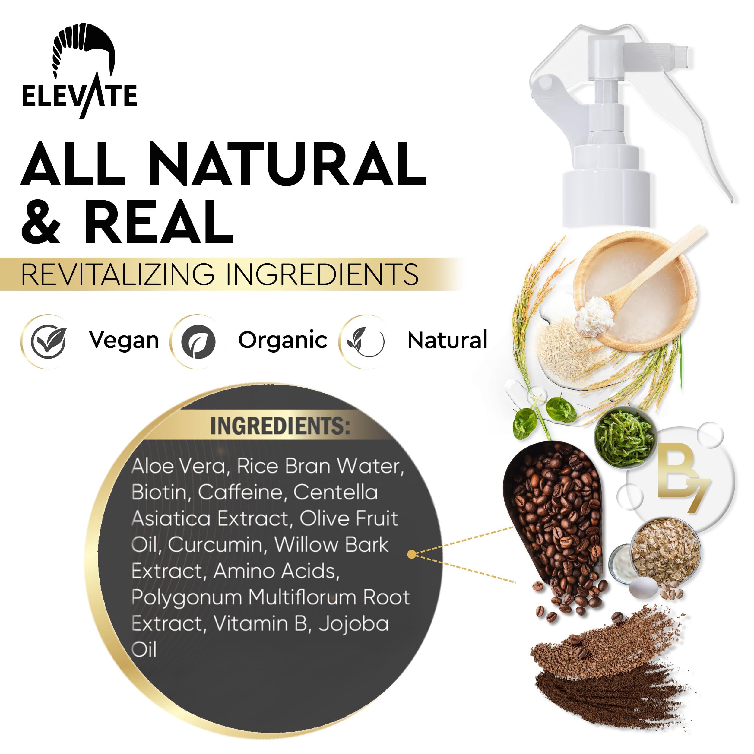 Elevate Rice Water Spray for Hair Growth Infused Biotin Caffeine & Aloe Vera - Fermented Rice Water Leave In Hair Mist For Thinning Damaged Hair - Vegan Non-Greasy Naturally Thicker Longer Softer Hair