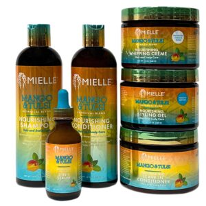 mielle - mango tulsi - nourishing botanical blend – infused with mango butter & tulsi leaves – scalp care & stronger looking - curly hair types – styling bundle set 6 pcs