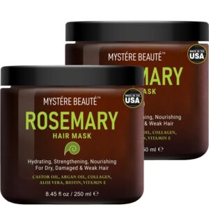 mystÉre beautÉ rosemary deep conditioning hair mask for damaged hair - with collagen, biotin, argan oil - strengthening deep conditioner hair mask for curly hair, & hair loss - 8.45 fl oz x 2 pack