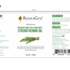 RootsGro 100% Natural Rosemary Mint Scalp Hair Oil - Blend of 30 Oils, Rosemary Oil, Peppermint Oil, Lavender Oil & More. Strengthens and Nourishes Hair Scalp | 4 ounce