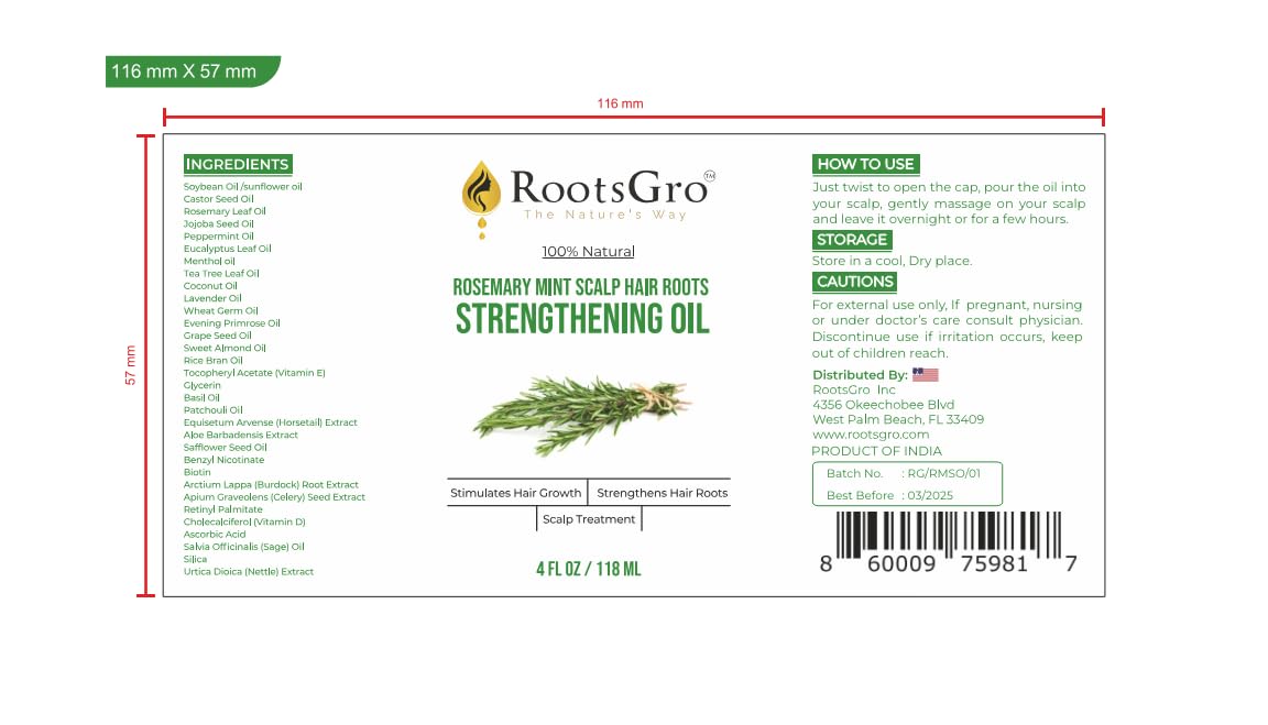 RootsGro 100% Natural Rosemary Mint Scalp Hair Oil - Blend of 30 Oils, Rosemary Oil, Peppermint Oil, Lavender Oil & More. Strengthens and Nourishes Hair Scalp | 4 ounce