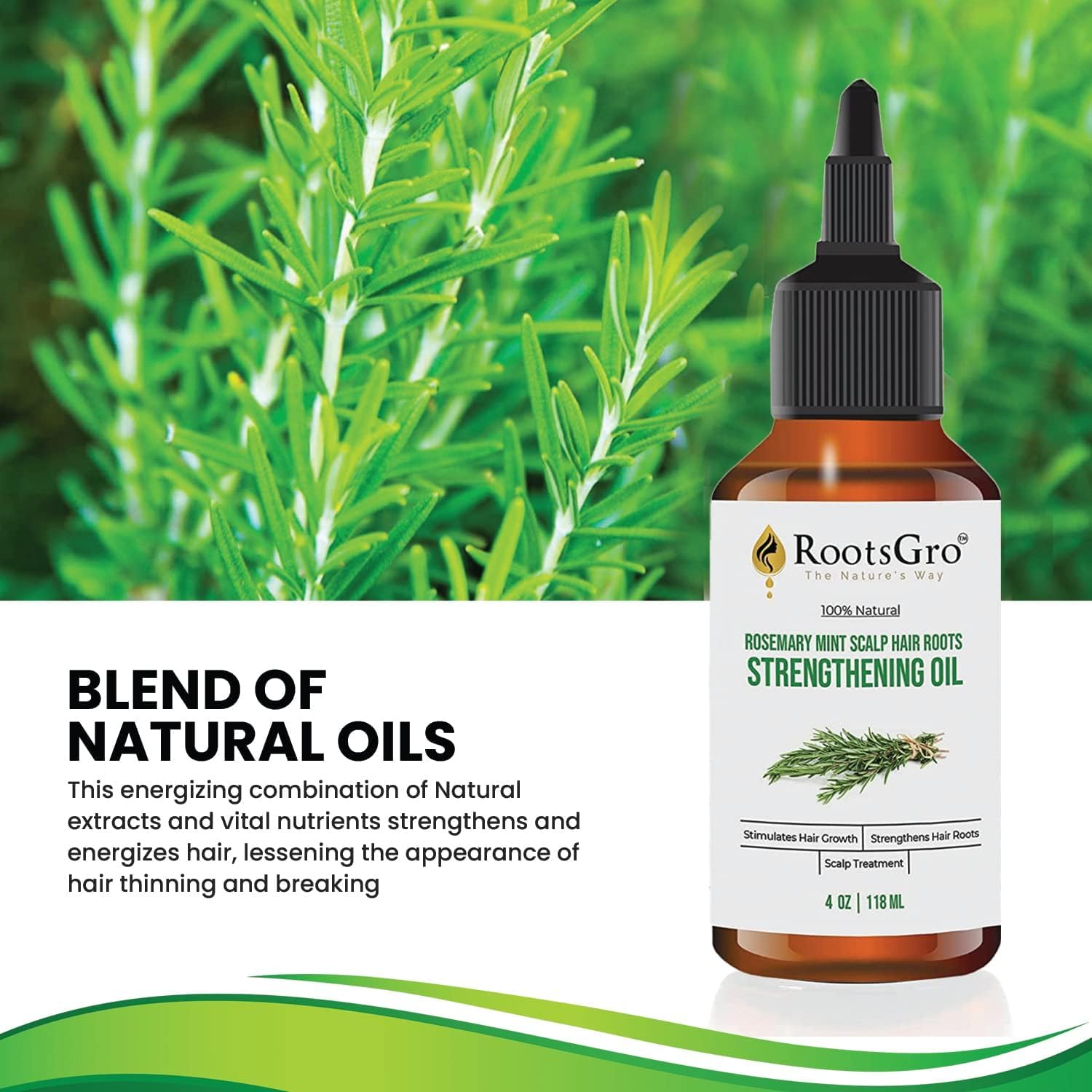 RootsGro 100% Natural Rosemary Mint Scalp Hair Oil - Blend of 30 Oils, Rosemary Oil, Peppermint Oil, Lavender Oil & More. Strengthens and Nourishes Hair Scalp | 4 ounce