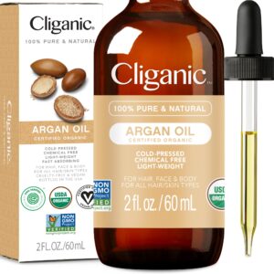 cliganic organic argan oil, 100% pure - for hair, face & skin | cold pressed carrier oil