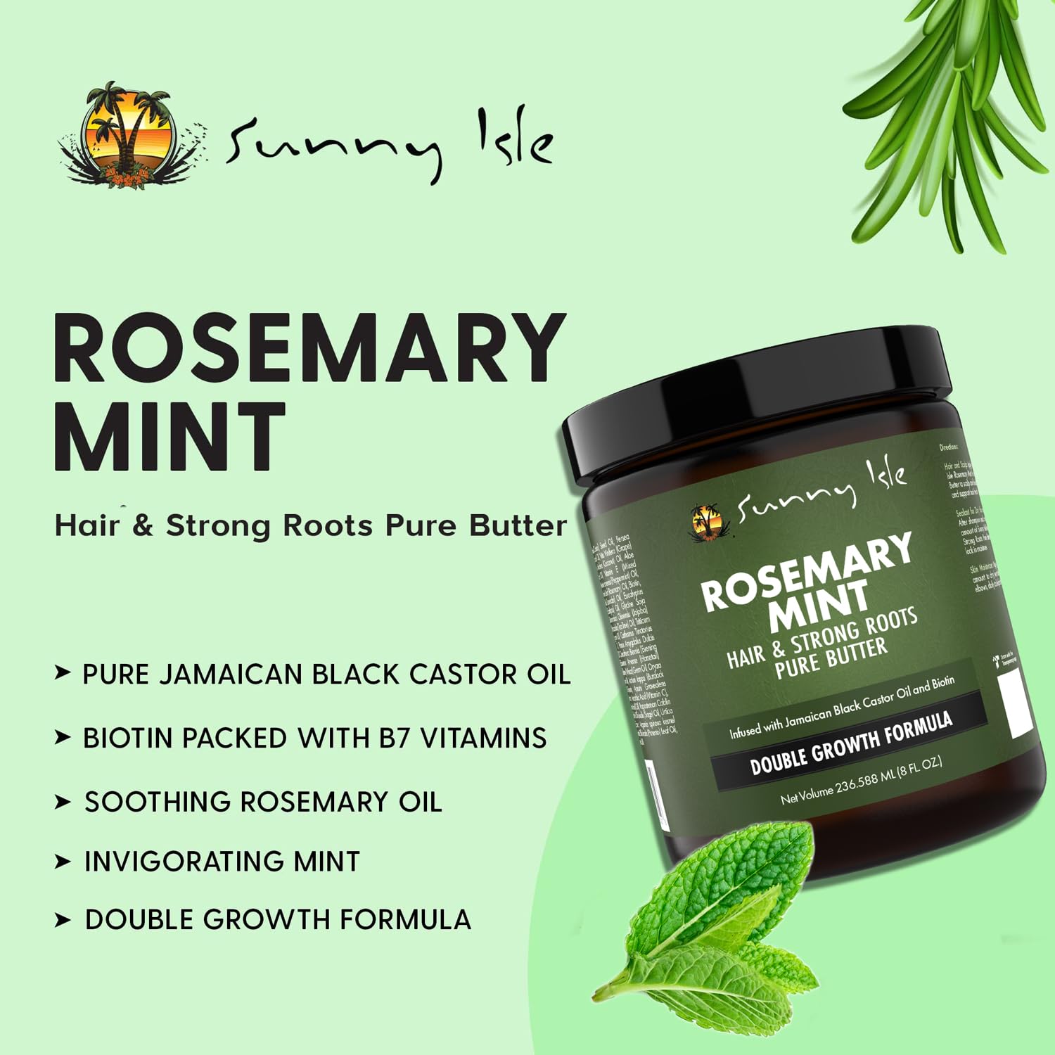 Sunny Isle Rosemary Mint Hair and Strong Roots Butter 8oz | Infused with Biotin & Jamaican Black Castor Oil | Strengthen and Nourish Hair | Dry Scalp, Split Ends…