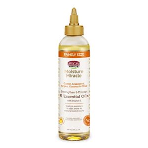 african pride moisture miracle 5 essential hair oils - contains castor, grapeseed, argan, coconut & olive oil, seals in moisture & adds shine to hair, vitamin e, 8 oz