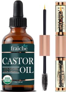 castor oil organic (2oz) + free filled mascara tube usda certified, 100% pure, cold pressed, hexane free by live fraiche. hair growth oil for eyelashes, eyebrows, lash growth serum. brow treatment