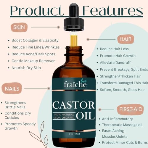 Castor Oil Organic (2oz) + FREE Filled Mascara Tube USDA Certified, 100% Pure, Cold Pressed, Hexane Free by Live Fraiche. Hair Growth Oil for Eyelashes, Eyebrows, Lash Growth Serum. Brow Treatment