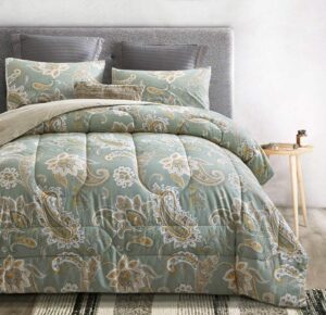 atsense paisley comforter set king, all season 3-piece 100% cotton fabric, soft microfiber filled bedding, lightweight reversible duvet insert (sage green, mezy)