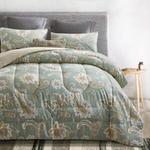 ATsense Paisley Comforter Set King, All Season 3-Piece 100% Cotton Fabric, Soft Microfiber Filled Bedding, Lightweight Reversible Duvet Insert (Sage Green, MEZY)