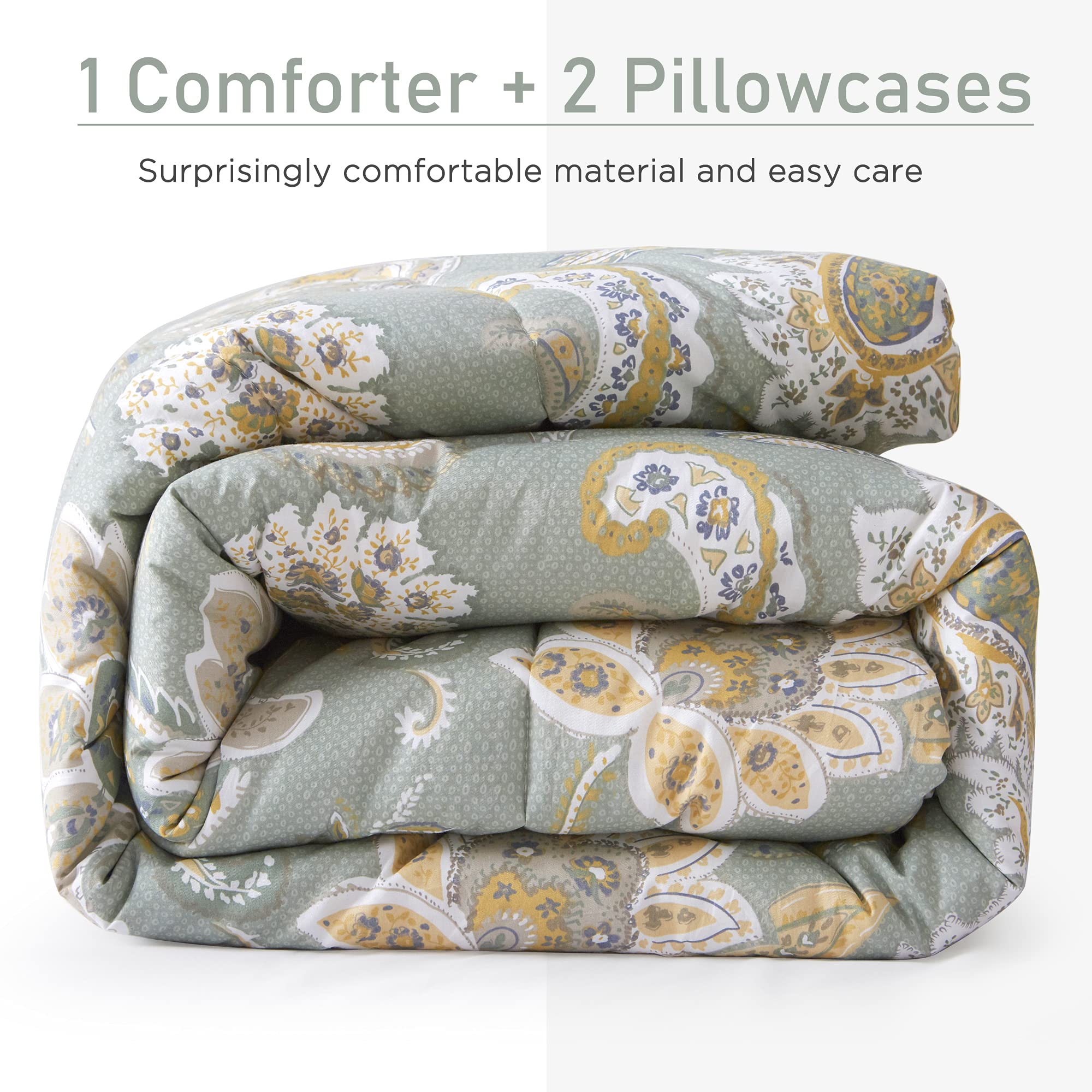 ATsense Paisley Comforter Set King, All Season 3-Piece 100% Cotton Fabric, Soft Microfiber Filled Bedding, Lightweight Reversible Duvet Insert (Sage Green, MEZY)