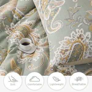 ATsense Paisley Comforter Set King, All Season 3-Piece 100% Cotton Fabric, Soft Microfiber Filled Bedding, Lightweight Reversible Duvet Insert (Sage Green, MEZY)