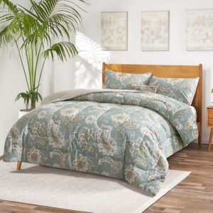 ATsense Paisley Comforter Set King, All Season 3-Piece 100% Cotton Fabric, Soft Microfiber Filled Bedding, Lightweight Reversible Duvet Insert (Sage Green, MEZY)