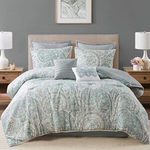 comfort spaces cozy comforter set-modern classic design all season down alternative bedding, matching shams, bedskirt, decorative pillows, king, kashmir paisley blue 8 piece