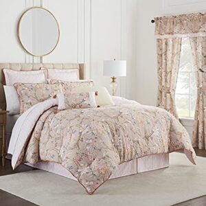 waverly peony gardens 4 piece cotton comforter set, embellished all season bedding, includes one comforter, one bed skirt and two pillow shams, machine washable queen bed set, taupe