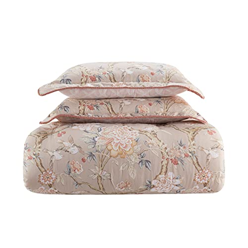 Waverly Peony Gardens 4 Piece Cotton Comforter Set, Embellished All Season Bedding, includes One Comforter, One Bed Skirt and Two Pillow Shams, Machine Washable Queen Bed Set, Taupe