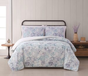 cottage classics - king charlotte floral 3-piece farmhouse style comforter and sham set - modern floral print - blue