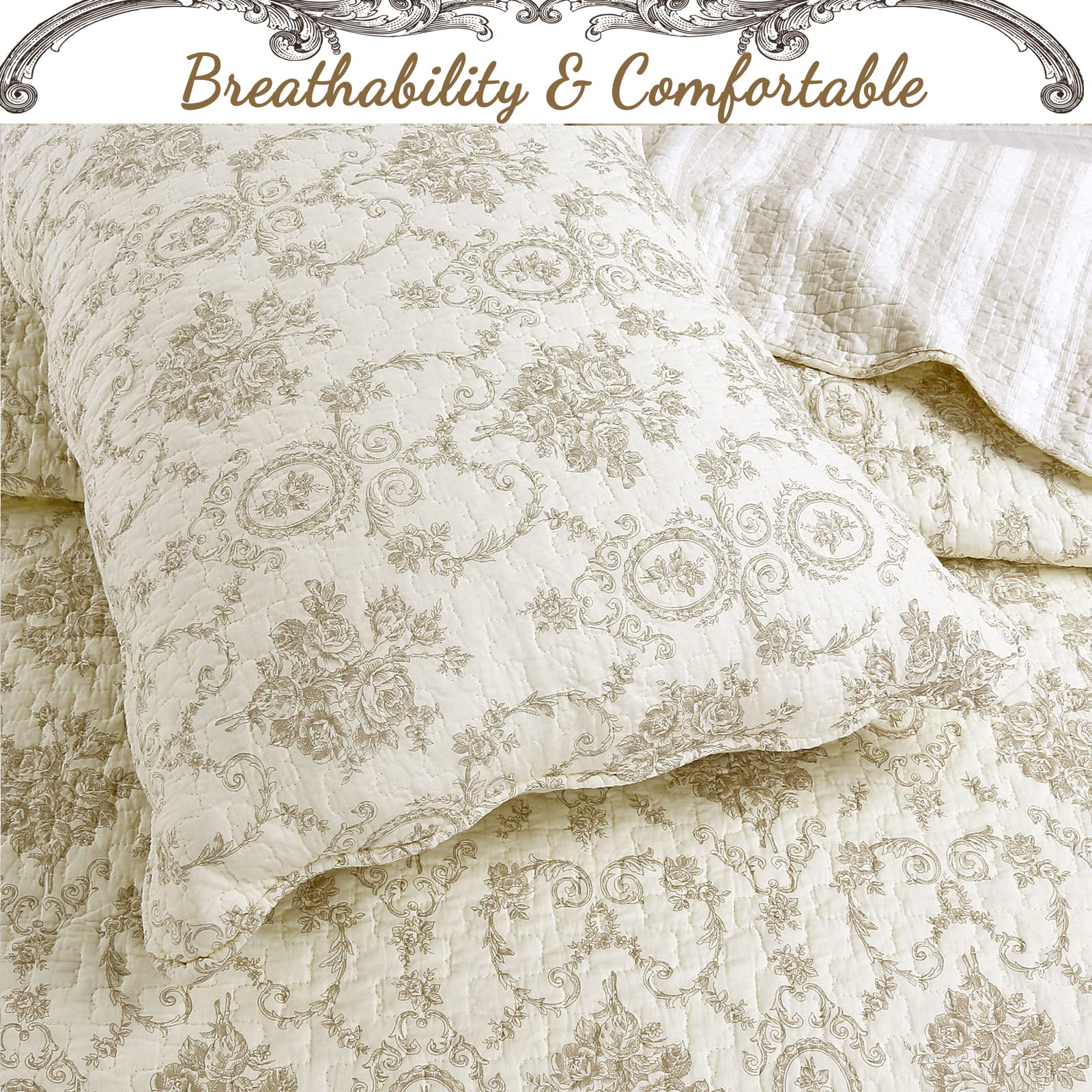 Cozy Line Home Fashions French Medallion 100% Cotton Bedding Quilt Set, Beige Ivory Rose Flower Reversible Coverlet Bedspread (Cream Eggnog, Queen -3 Piece)