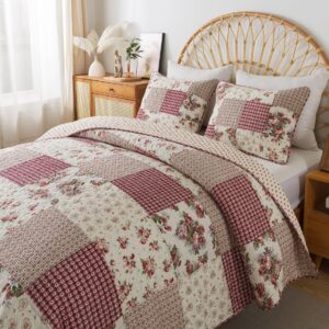 slpr country roses patchwork cotton pieced quilt set - queen size with 2 shams, french country style floral bedding, red rose farmhouse quilted bedspread with flower pattern