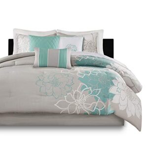 Madison Park Lola Sateen Cotton Comforter Set-Casual Medallion Floral Design All Season Down Alternative Bedding, Shams, Bedskirt, Decorative Pillows, Cal King, Grey/Aqua 7 Piece