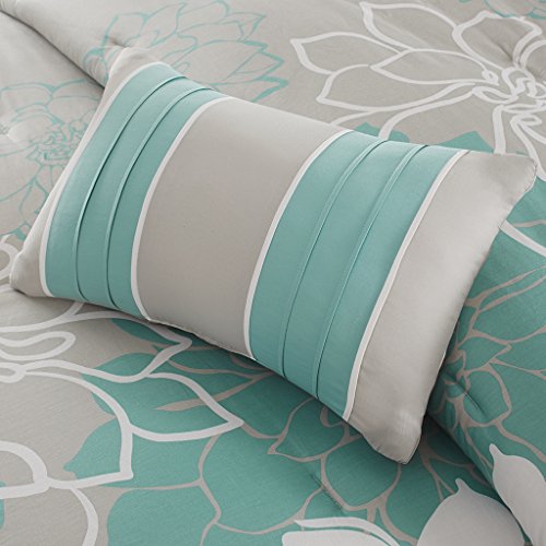 Madison Park Lola Sateen Cotton Comforter Set-Casual Medallion Floral Design All Season Down Alternative Bedding, Shams, Bedskirt, Decorative Pillows, Cal King, Grey/Aqua 7 Piece