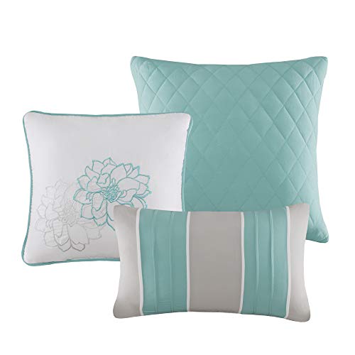 Madison Park Lola Sateen Cotton Comforter Set-Casual Medallion Floral Design All Season Down Alternative Bedding, Shams, Bedskirt, Decorative Pillows, Cal King, Grey/Aqua 7 Piece