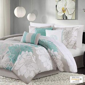 Madison Park Lola Sateen Cotton Comforter Set-Casual Medallion Floral Design All Season Down Alternative Bedding, Shams, Bedskirt, Decorative Pillows, Cal King, Grey/Aqua 7 Piece