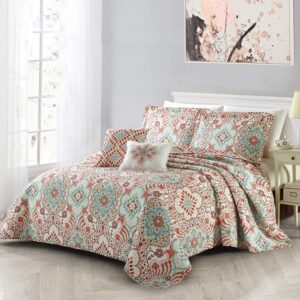 home soft things bennington damask printed microfiber quilt king 102" x 90" 5 piece bedding set with matching shams pillows, coral blue white floral design reversible bedspread coverlet comforter