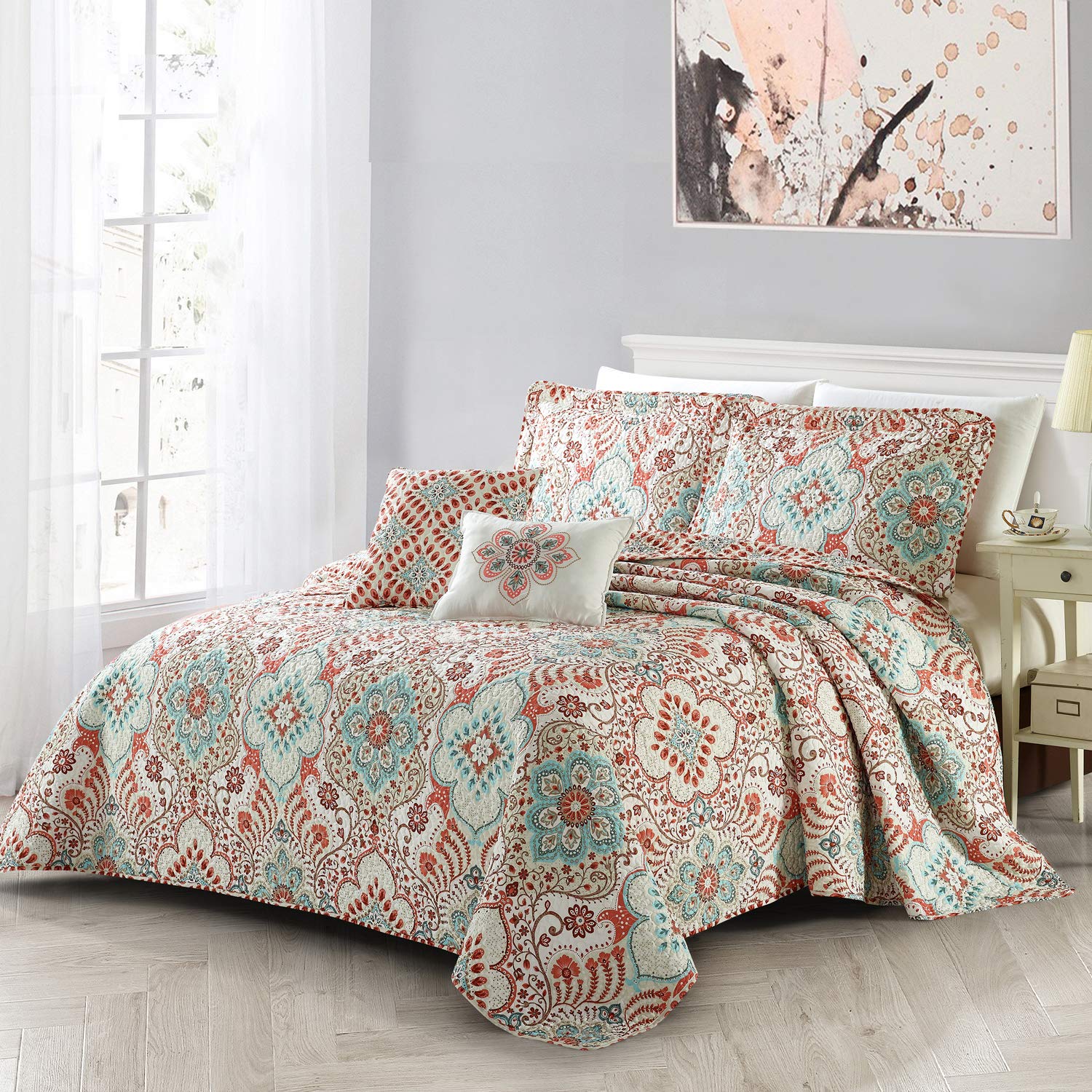 Home Soft Things Bennington Damask Printed Microfiber Quilt King 102" x 90" 5 Piece Bedding Set with Matching Shams Pillows, Coral Blue White Floral Design Reversible Bedspread Coverlet Comforter