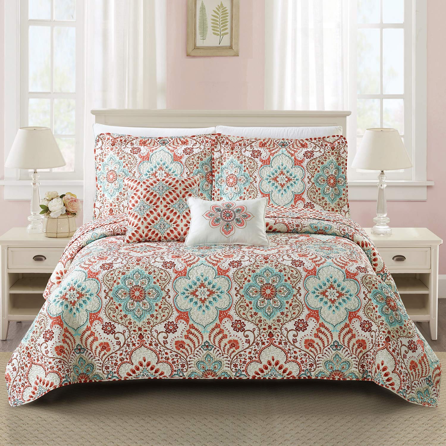 Home Soft Things Bennington Damask Printed Microfiber Quilt King 102" x 90" 5 Piece Bedding Set with Matching Shams Pillows, Coral Blue White Floral Design Reversible Bedspread Coverlet Comforter